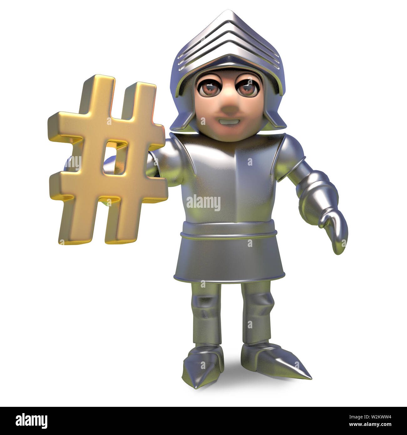 Medieval heroic armour clad knight holds a gold hashtag symbol,3d ...