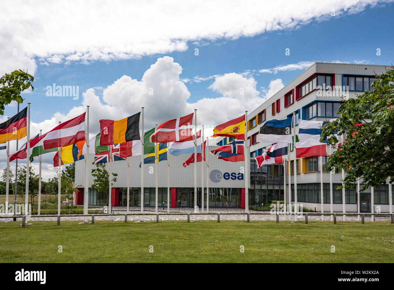 Flags fly outside the European Space Agency building on the Harwell ...