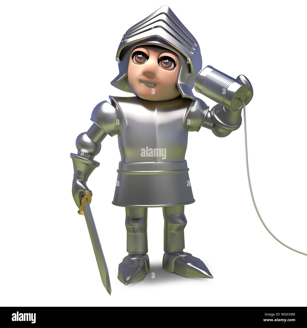Medieval armour clad knight using a tin can phone, 3d illustration ...
