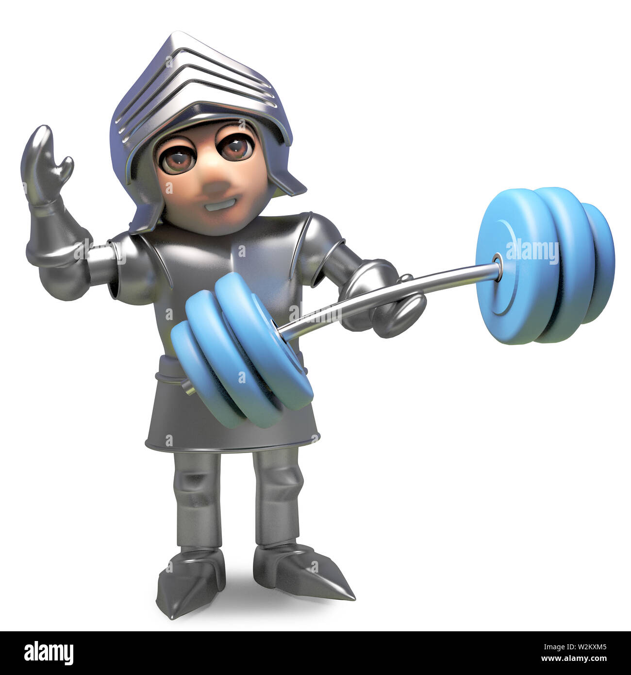 Health conscious medieval knight in armour exercises with weights, 3d ...