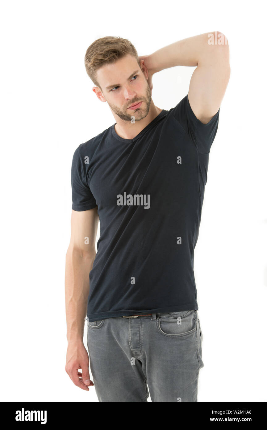 Sweating problem. Effective antiperspirant. Man confident in his ...