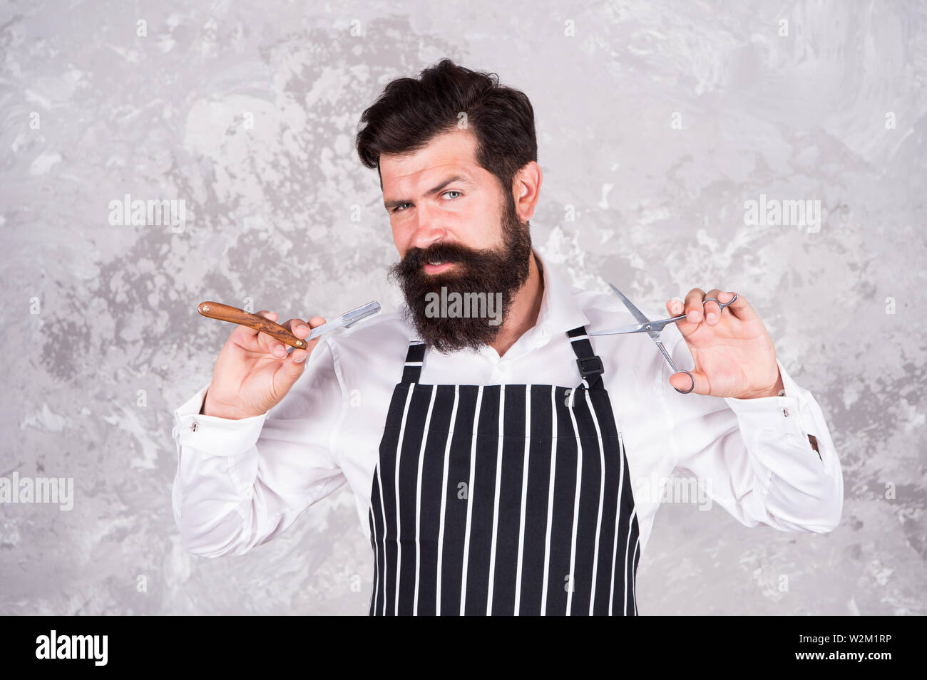 Barber tools. Barber in apron hairdresser equipment blade and scissors ...