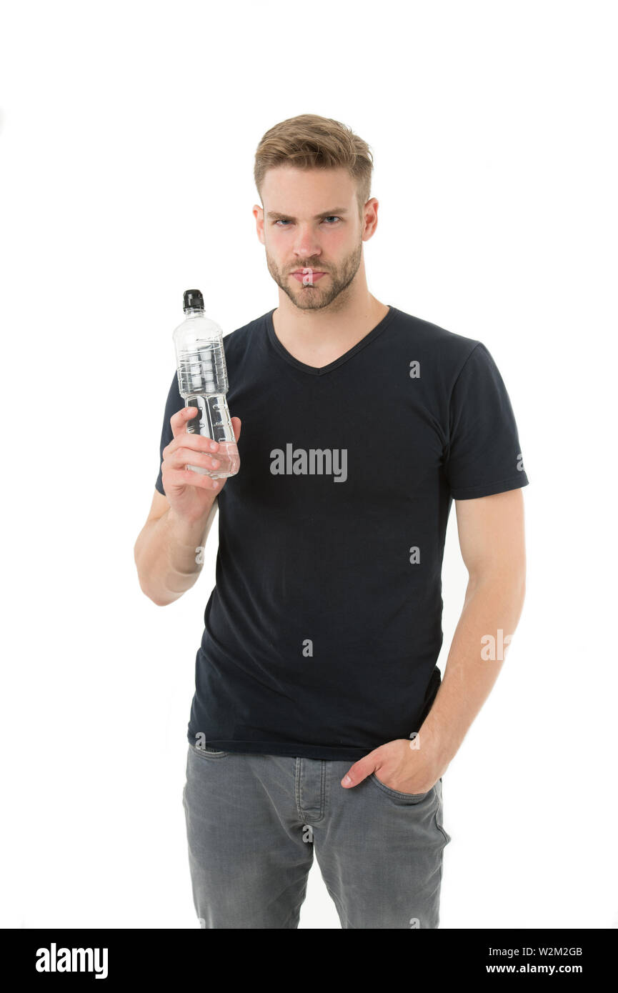 Stay hydrated. Man athletic sportsman hold bottle water. Man casual ...