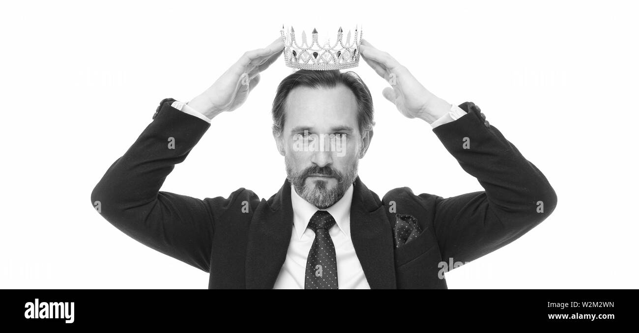 Monarchy family traditions. Man nature bearded guy in suit hold golden ...