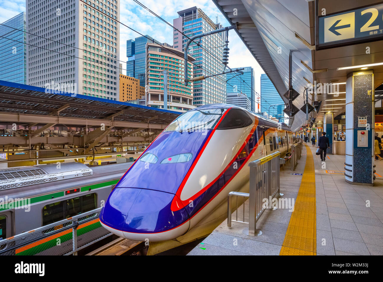 Tokyo, Japan - April 27 2018: Japanese Shinkansen high speed train at a train station Stock ...