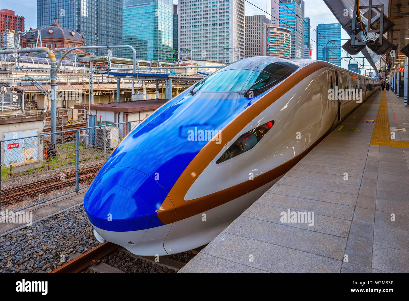 Tokyo, Japan - April 27 2018: Japanese Shinkansen high speed train at a train station Stock ...