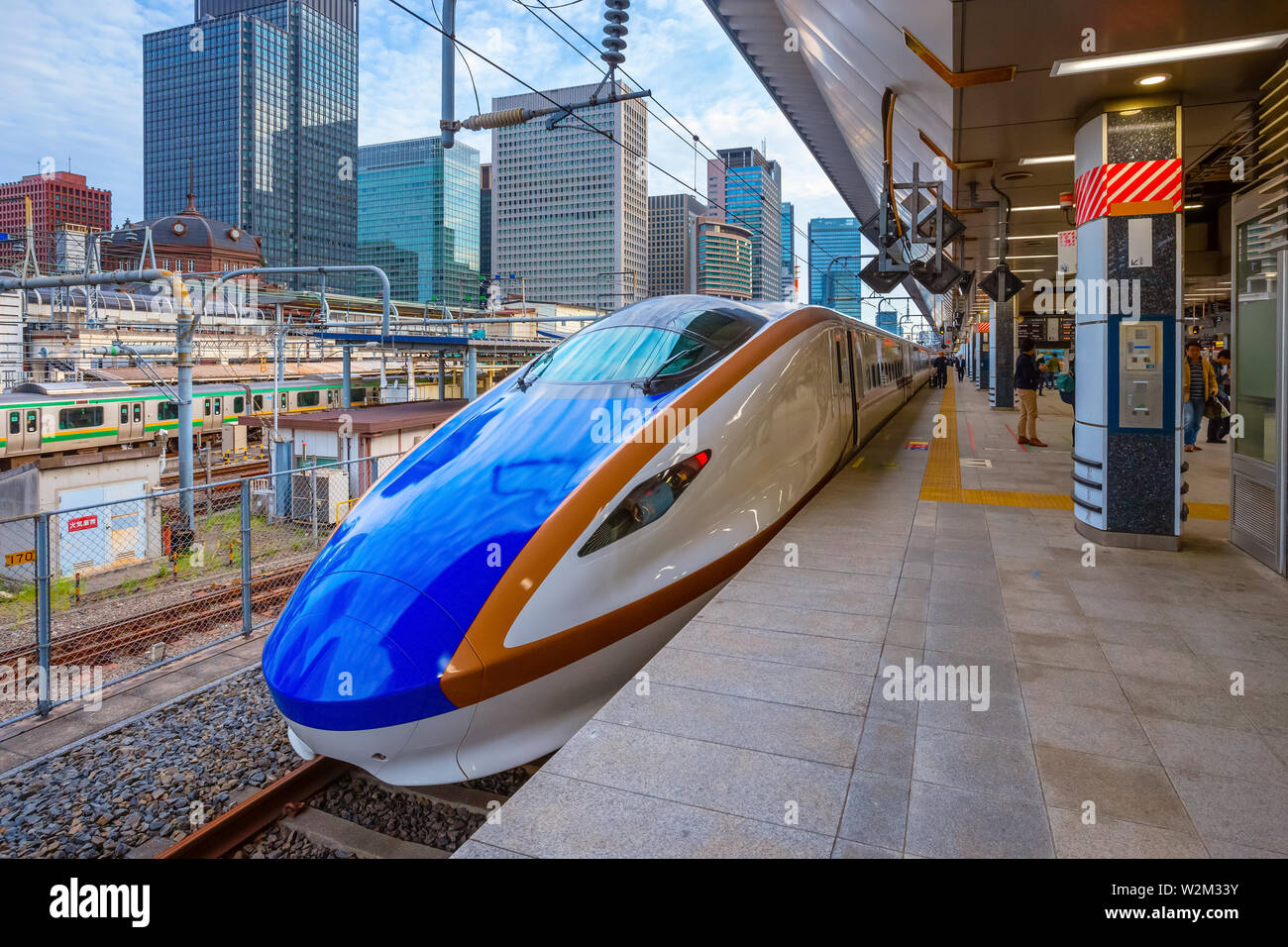 Tokyo, Japan - April 27 2018: Japanese Shinkansen high speed train at a train station Stock ...