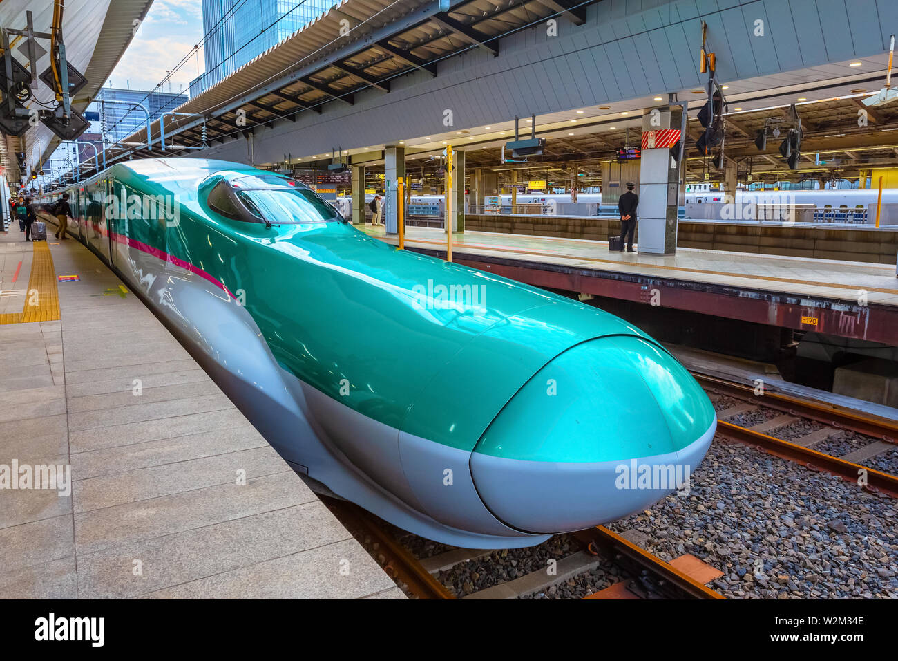 Tokyo, Japan - April 27 2018: Japanese Shinkansen high speed train at a train station Stock ...