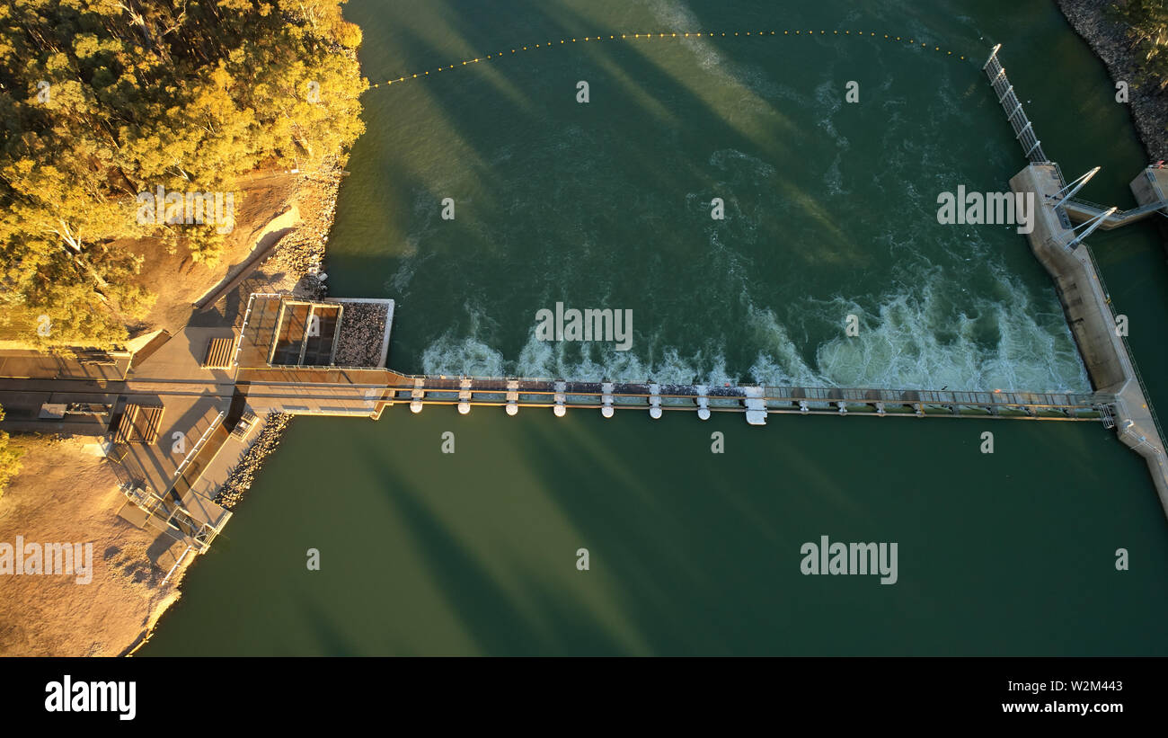 Low altitude aerial of the Wentworth Weir, across the Murray River ...