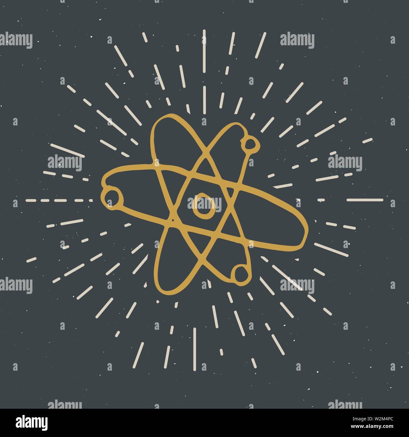 Atom symbol vintage label, grunge textured retro badge, typography ...