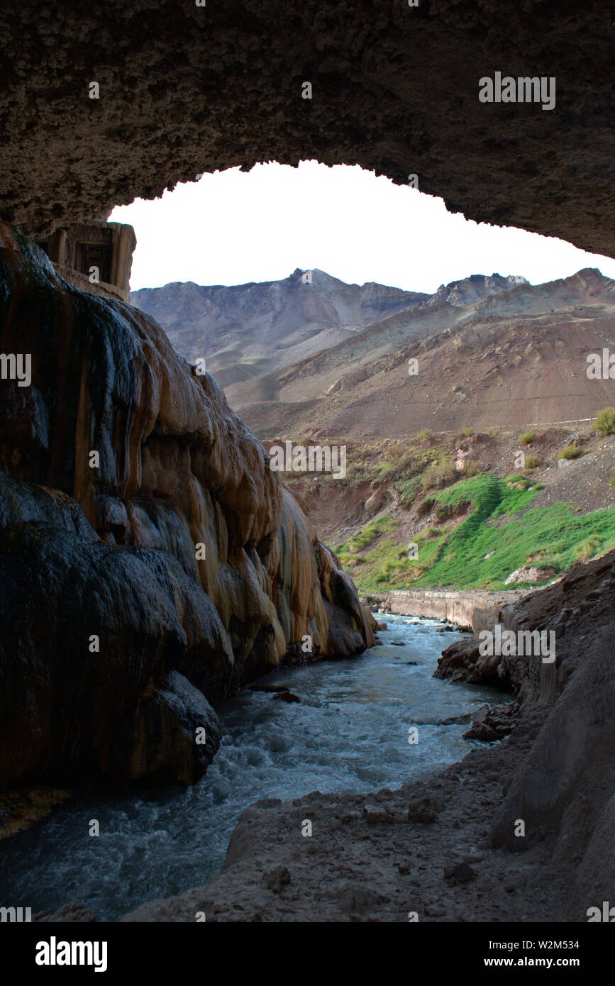 View from below the natural stone bridge of Puente del Inca in Mendoza ...