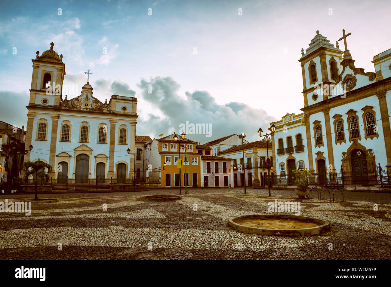 Moody dusk view of the colonial Anchieta Plaza in the historic tourist ...
