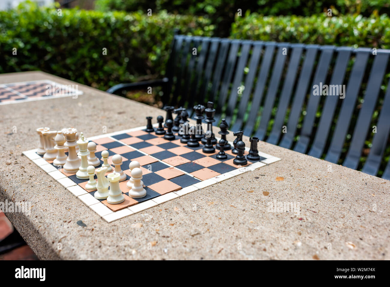 Chess table in park in Hot Springs, Arkansas with nobody during summer ...