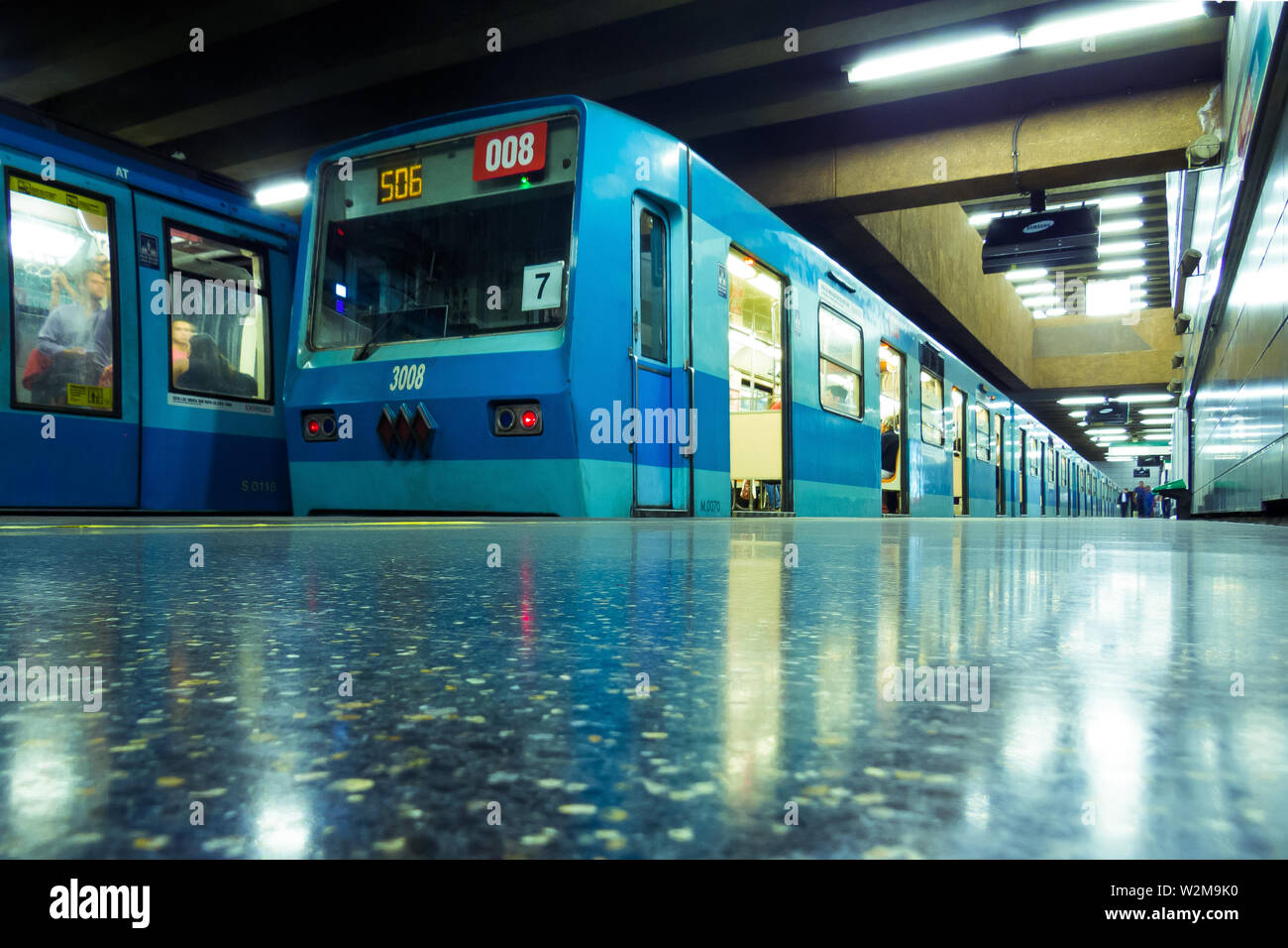 SANTIAGO, CHILE - DECEMBER 2014: A Santiago Metro NS74 train at Bellas ...