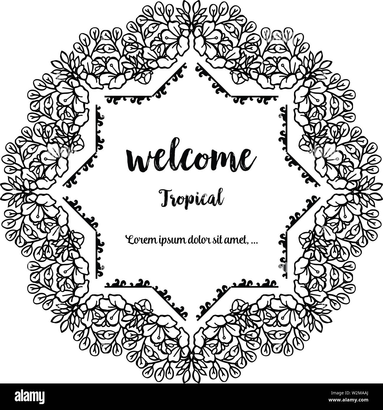 Lettering welcome tropical for greeting card, drawing elegant flower ...