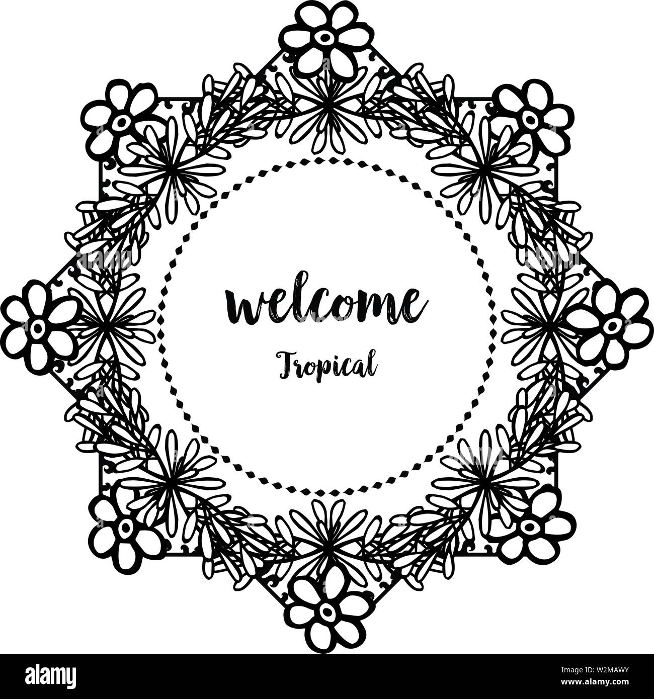 Welcome tropical lettering with decor flower frame, for brochures ...