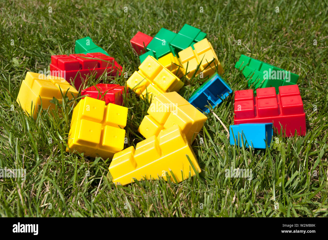 green blue blue and red cubes for kids game on green grass side view ...