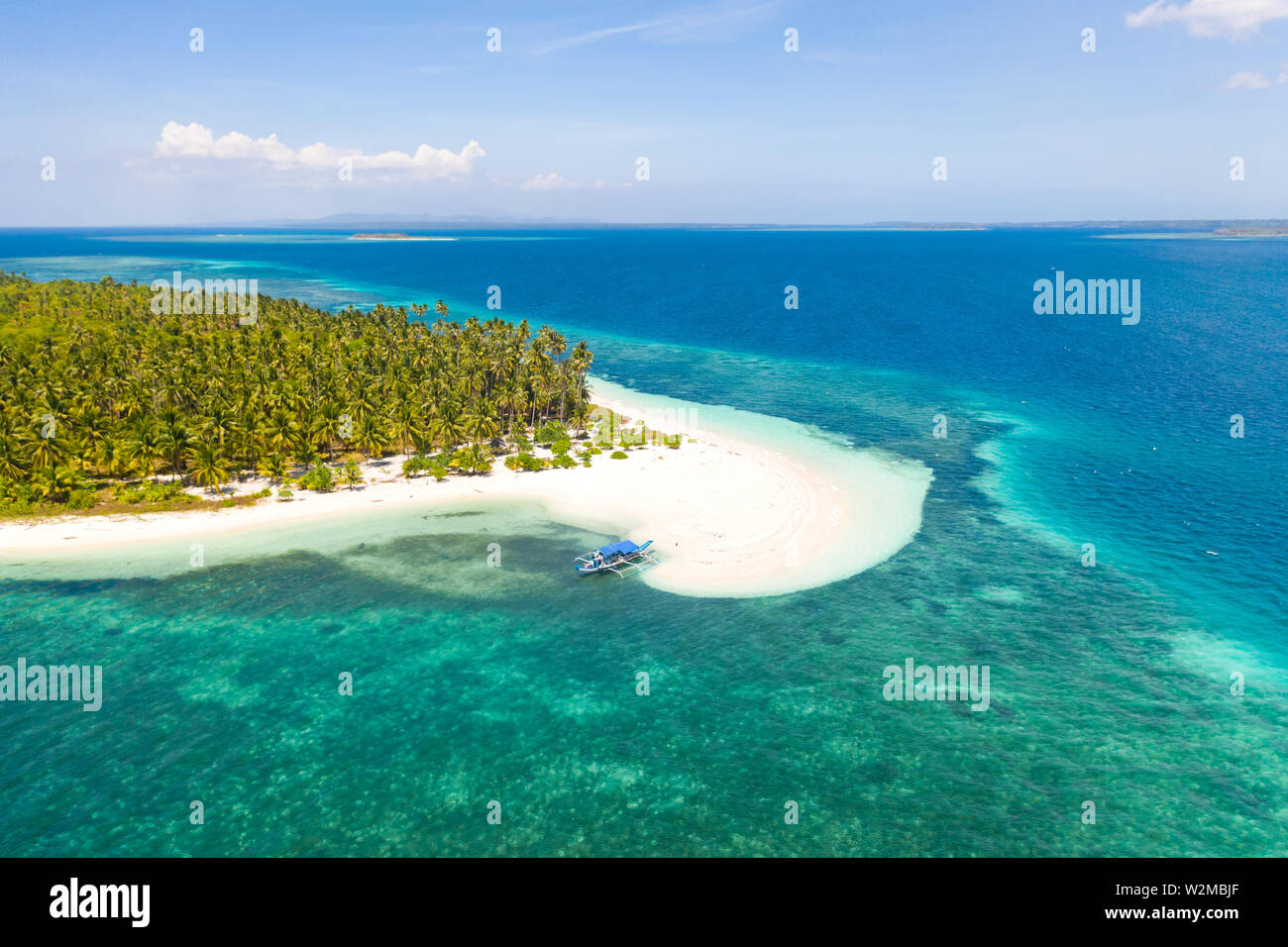 Tropical island of white sand with coconut trees. Boat with tourists on ...