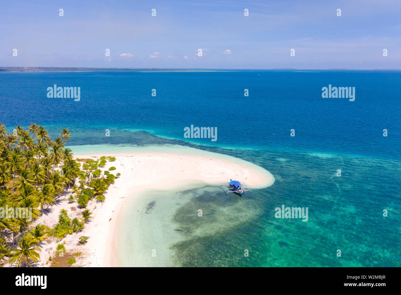 Tropical island of white sand with coconut trees. Boat with tourists on ...