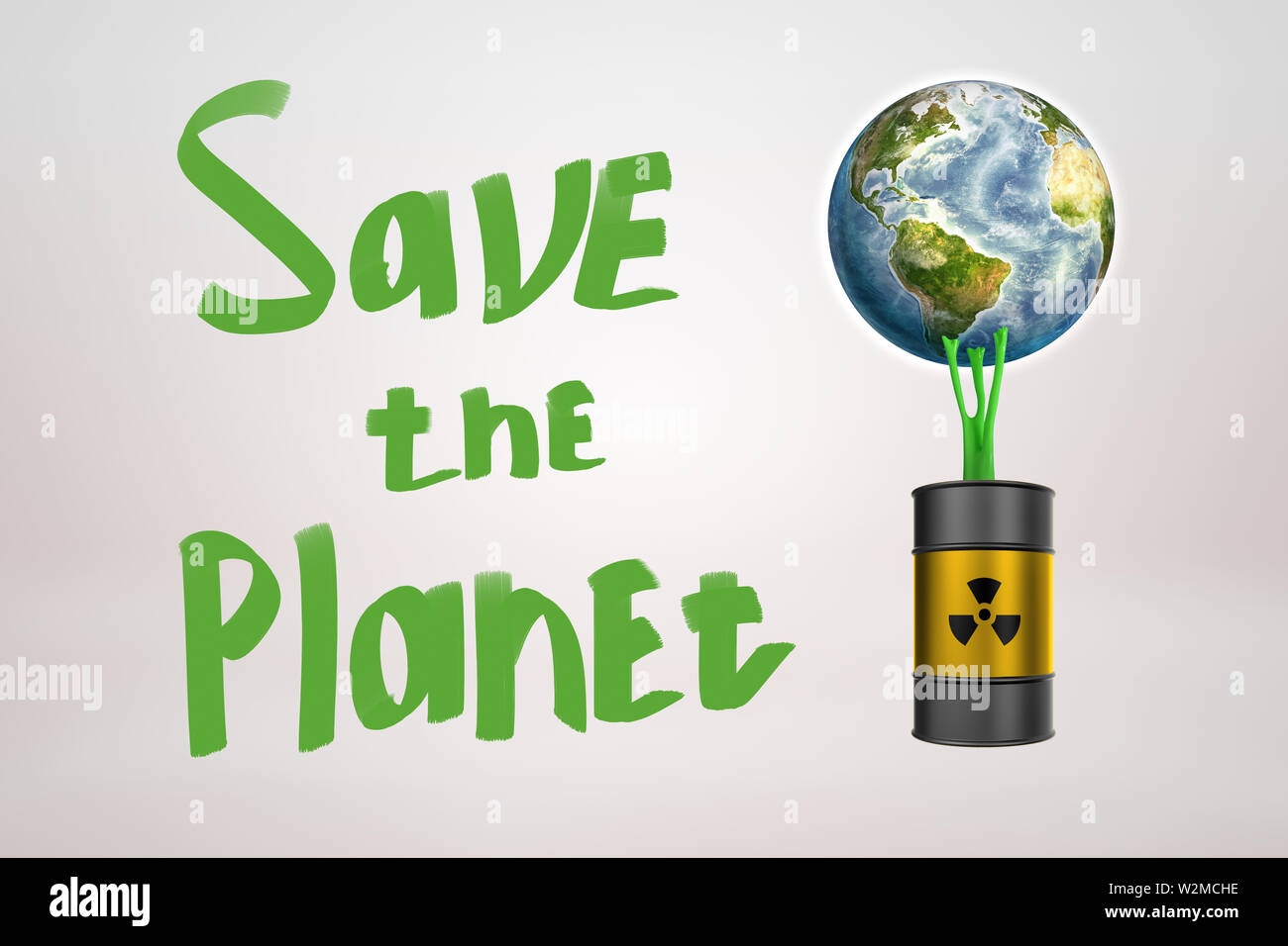 3d rendering of earth globe stuck to black toxic waste barrel with ...