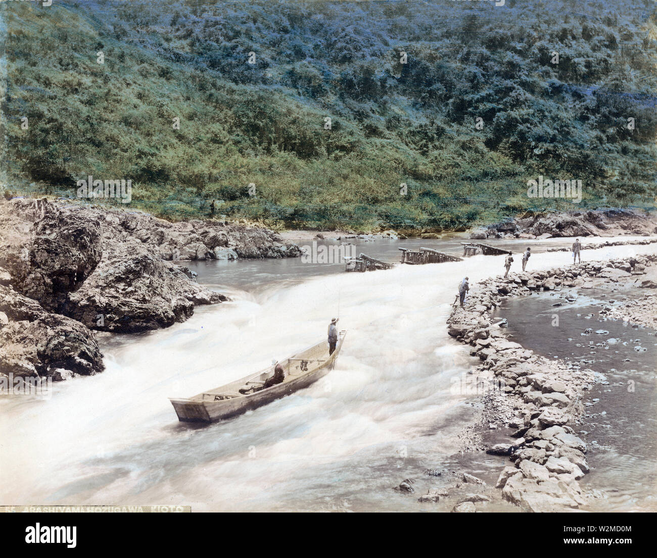 [ 1880s Japan - Boat on the Hozugawa River, Kyoto ] — Men pull boats ...