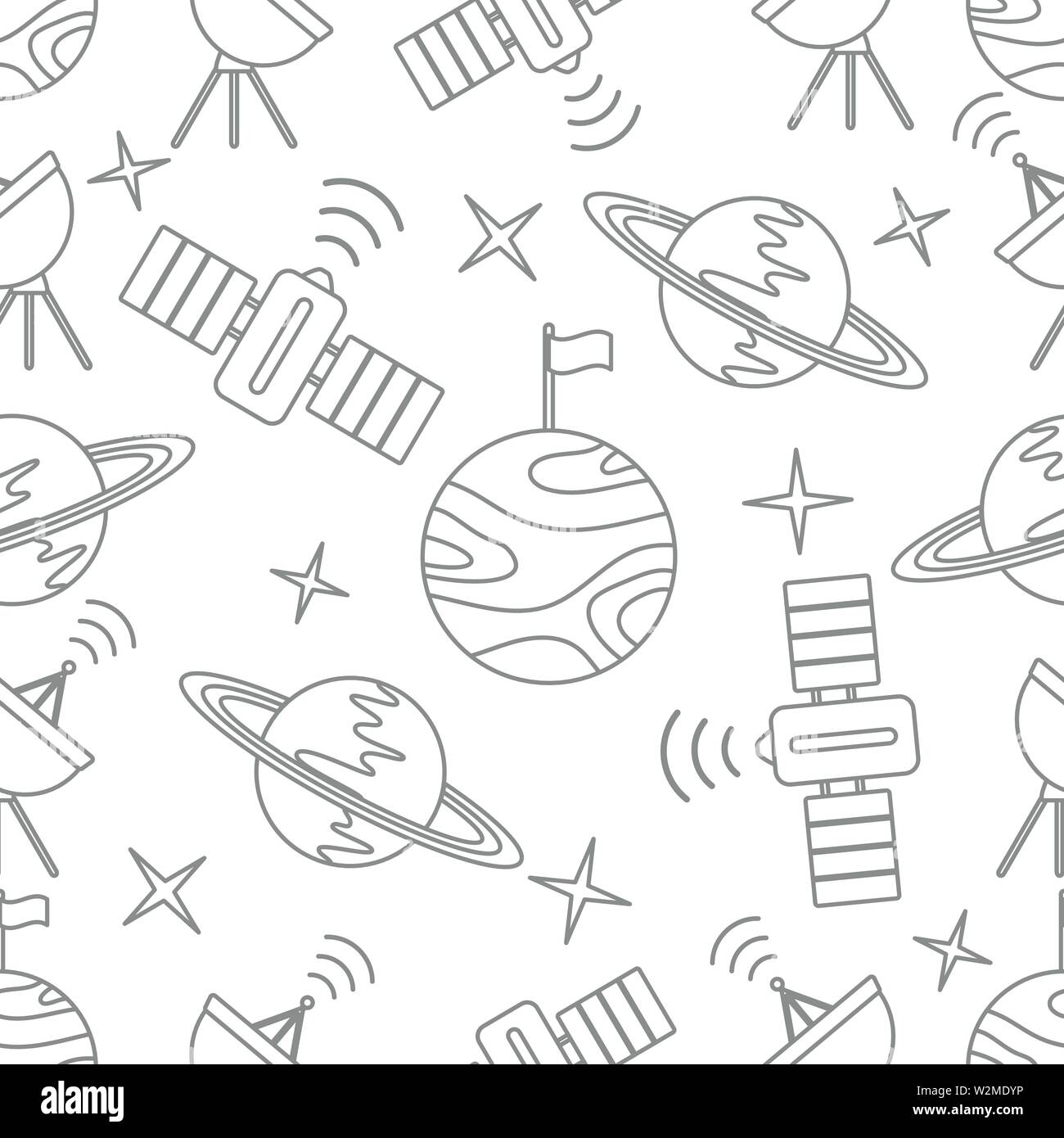 Seamless vector pattern with planets, Saturn, stars, orbital station ...