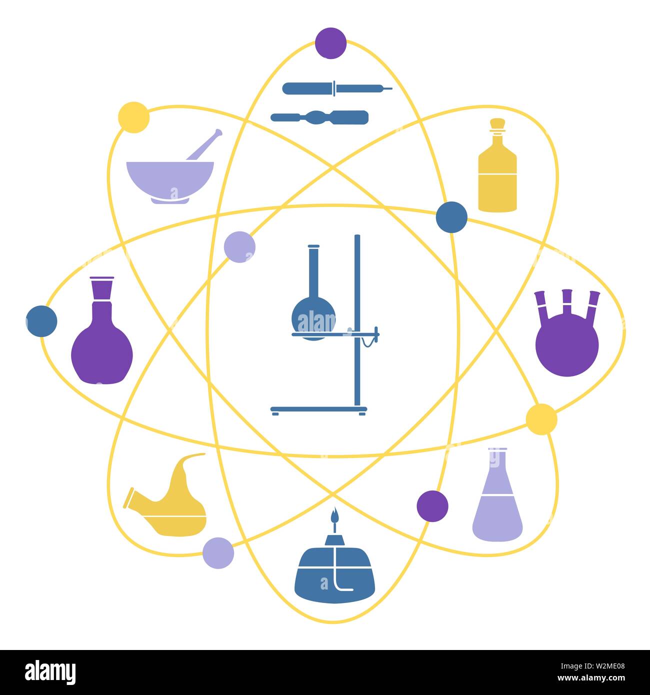 Vector illustration with atomic structure, glassware flasks, burner ...