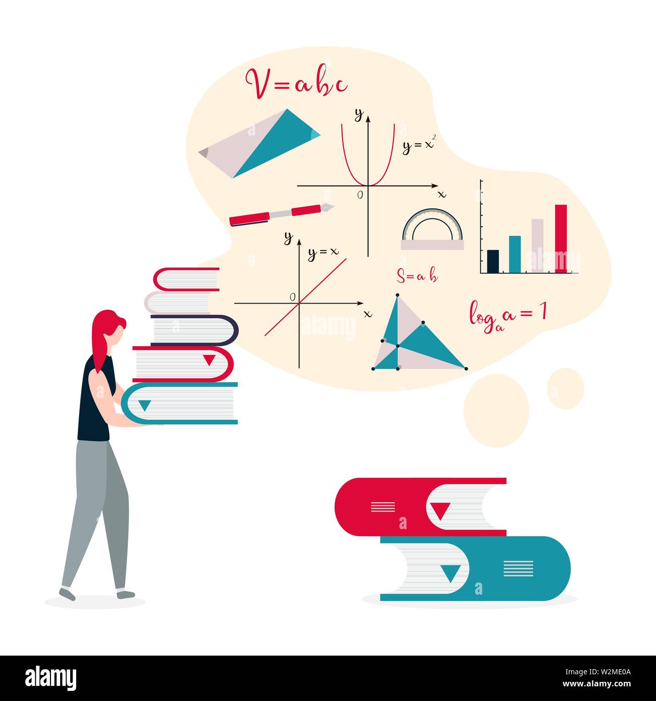 Vector illustration with girl, stack of books. Education, study ...