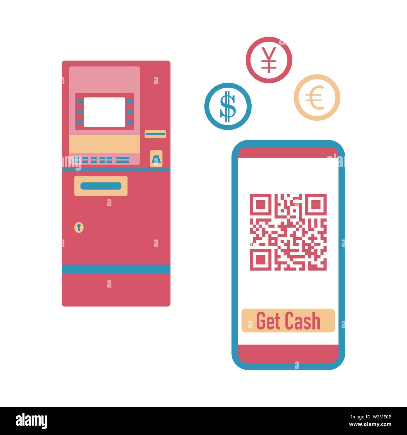 Vector illustration with phone with qr code, ATM cash withdrawal ...