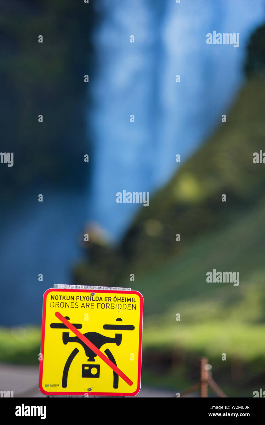 SKOGAFOSS, ICELAND - MAY 24, 2019: Drones are forbidden, no fly zone ...