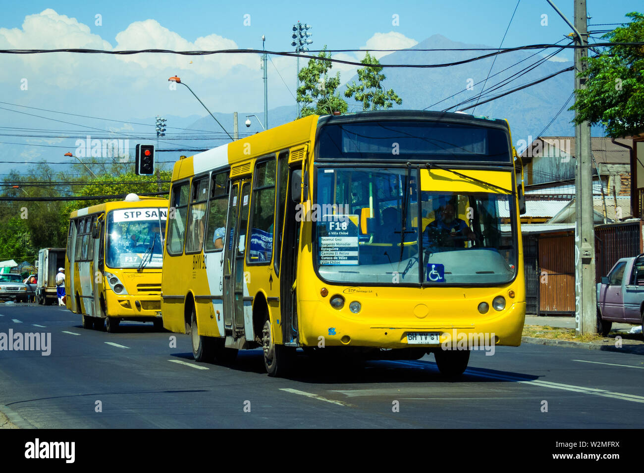 SANTIAGO, CHILE - NOVEMBER 2014: A yellow Transantiago bus in Puente ...