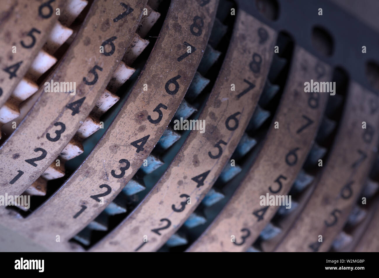 Vintage manual adding machine isolated, selective focus, blue Stock ...