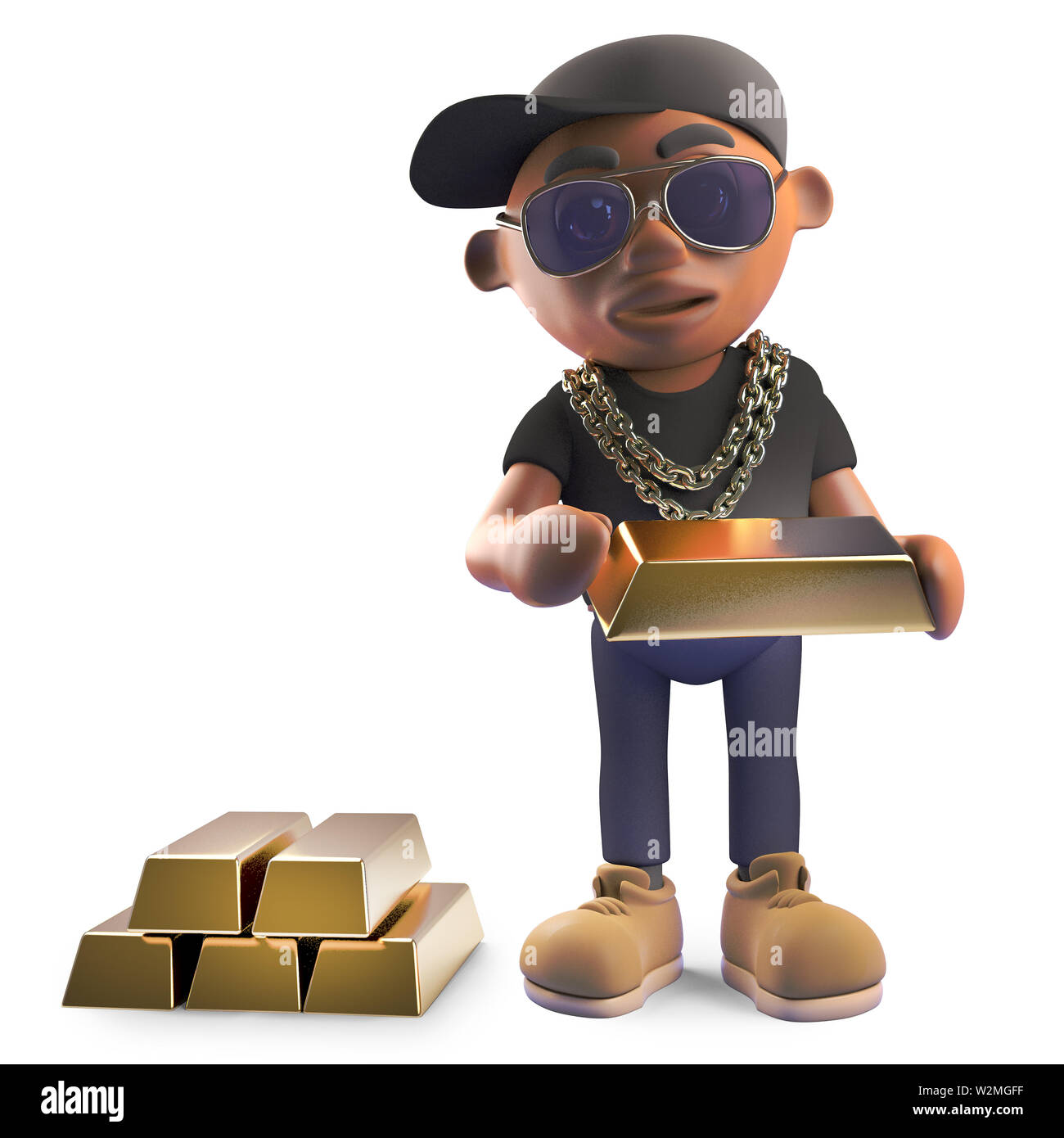 Wealthy black hiphop rapper in baseball cap counting his gold bars of ...