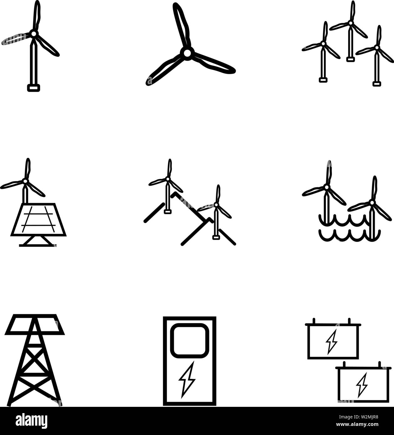 Renewable wind energy. Icon set and charger.Windmill black color Stock ...