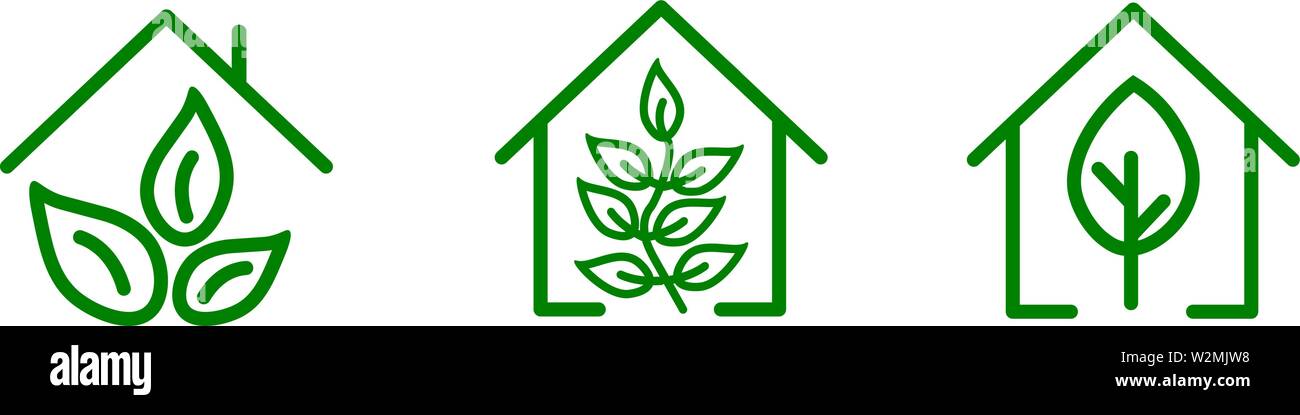 Set of a flat green home with green leaf inside. Vector building symbol ...