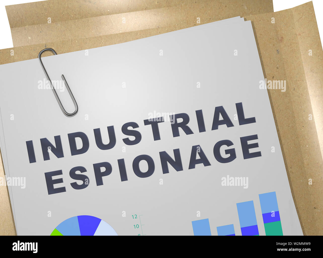 3D illustration of INDUSTRIAL ESPIONAGE title on business document ...