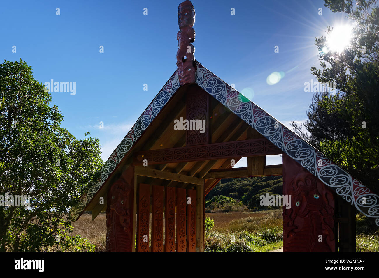 A Maori gateway adorns the Wainui Bay entrance to the Abel Tasman ...