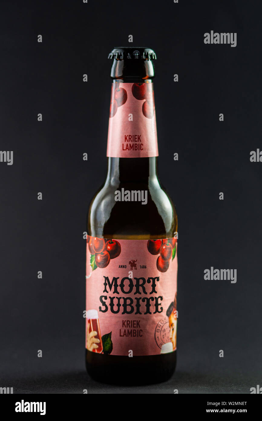Budapest, Hungary - July 09, 2019: Bottle of Belgian Mort Subite Kriek ...