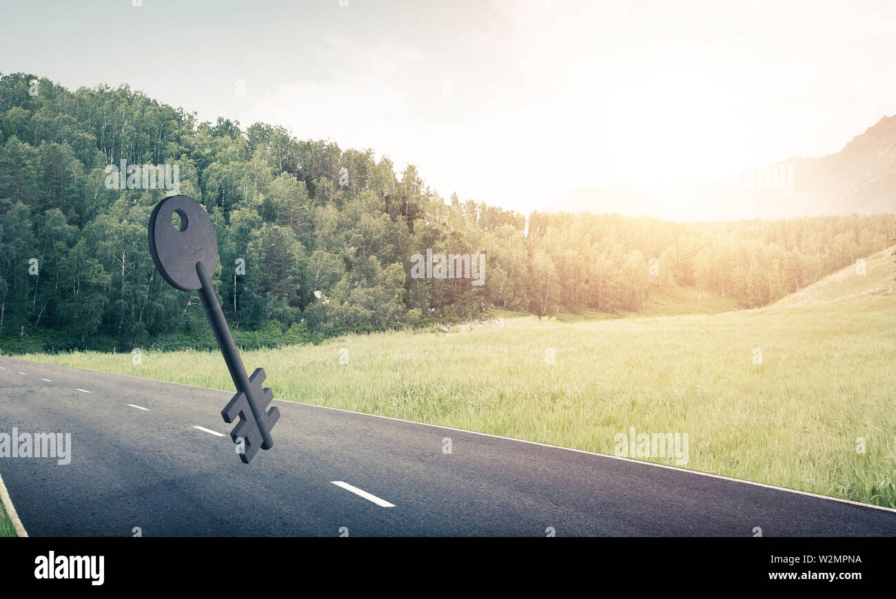 Conceptual background image of concrete key sign on asphalt road Stock ...
