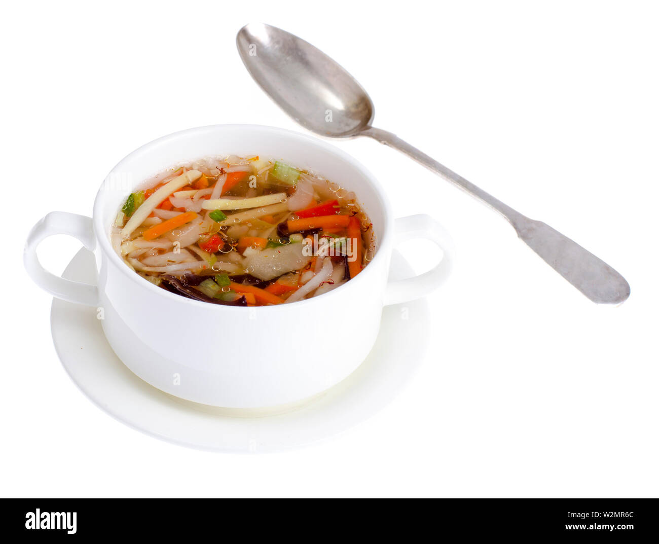Hot clear broth with vegetables, vegetarian menu Stock Photo - Alamy