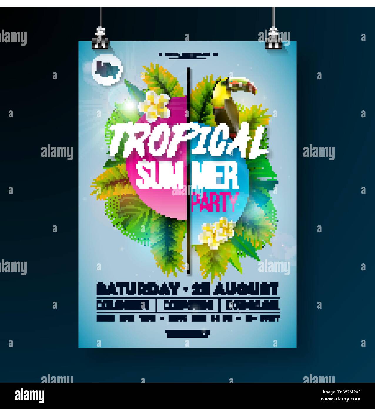 Tropical Summer Party Flyer Design with flower, palm leaves and toucan ...