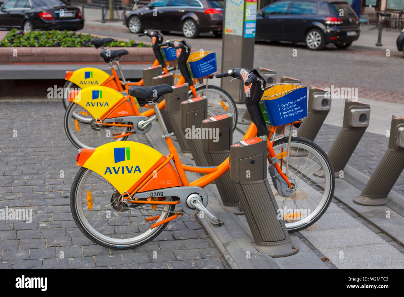 Vilnius, Lithuania - April 11, 2019: Bicycles on Town Hall Square Stock ...