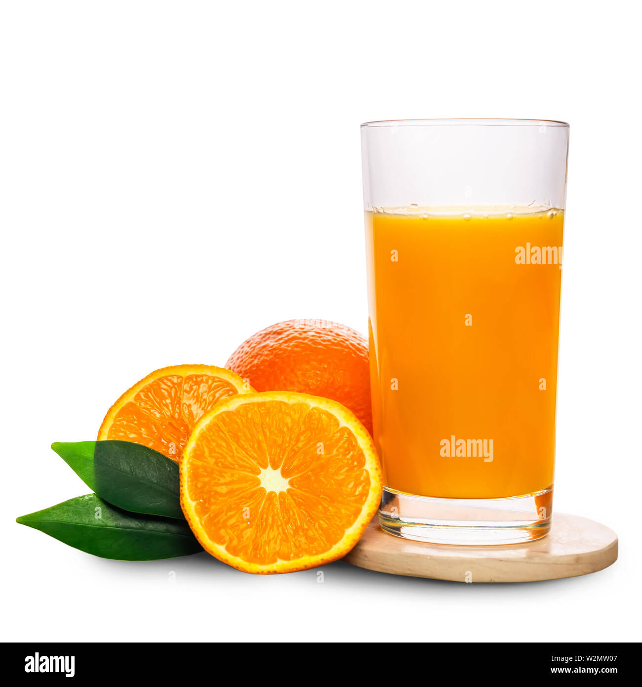 glass with orange juice and fruits on stone isolated on white ...