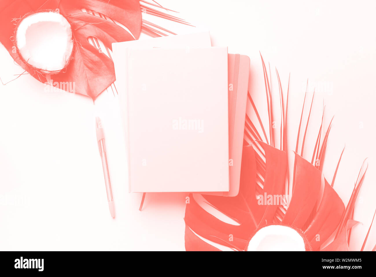 Female blog writer workspace concept. Green monstera palm leaves ...