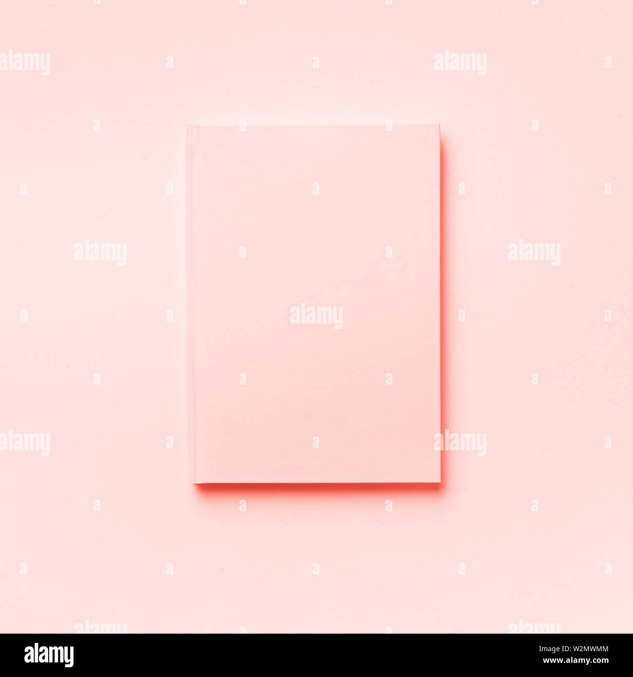 Top view of open pink notebook on trendy coral color background. Copy ...