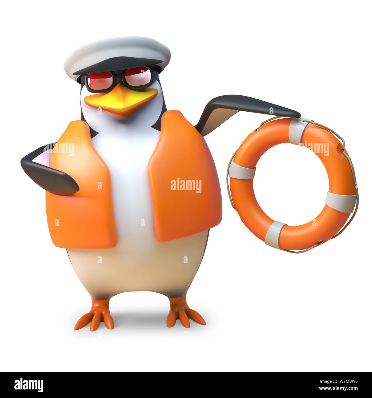 Nautical sailing penguin in lifejacket and captain hat holds a life ...