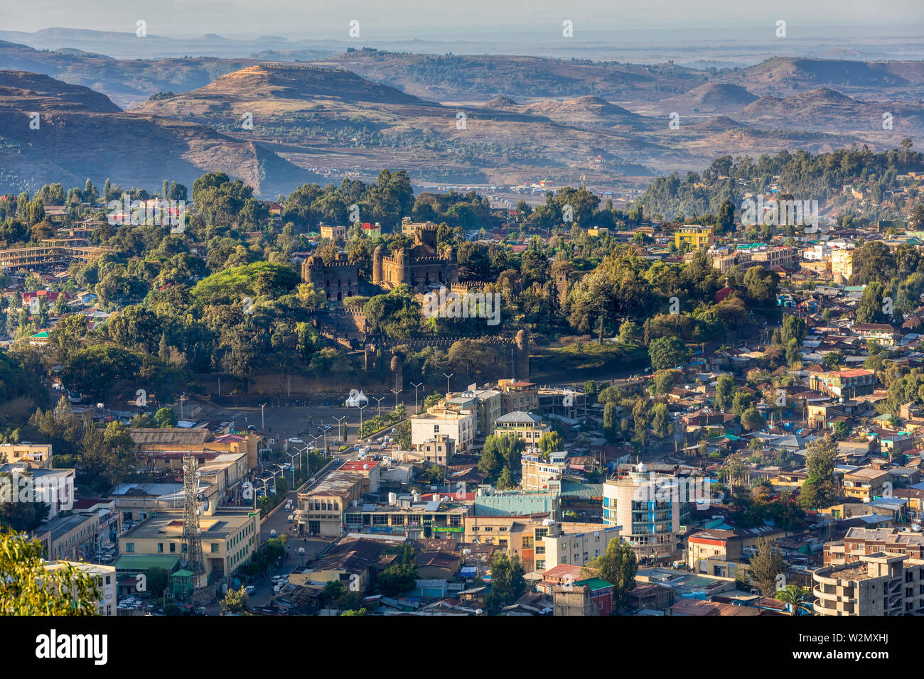 Panorama of city Gondar with Fasil Ghebbi, Royal fortress-city within ...