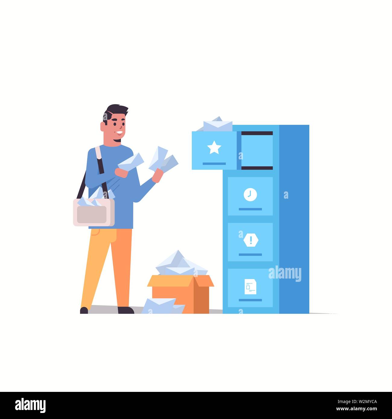 postman putting letter envelopes in mail box post delivery service ...