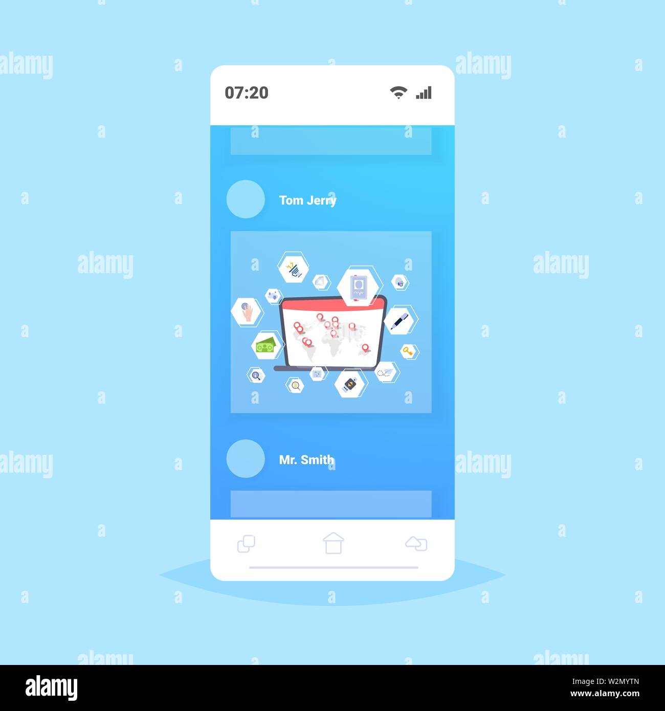 laptop screen with world map location geo tags different computer ...