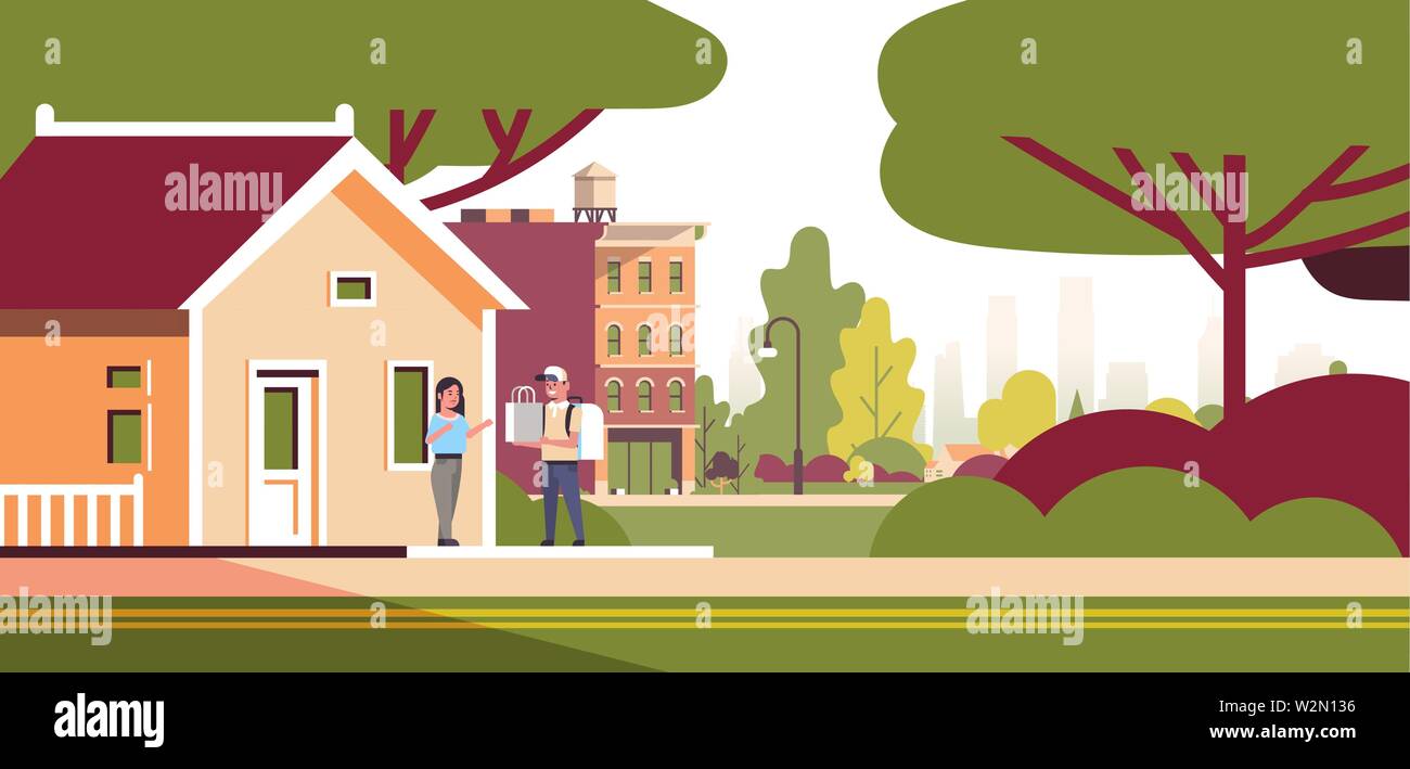 woman receiving order from man courier in cap with backpack and paper ...